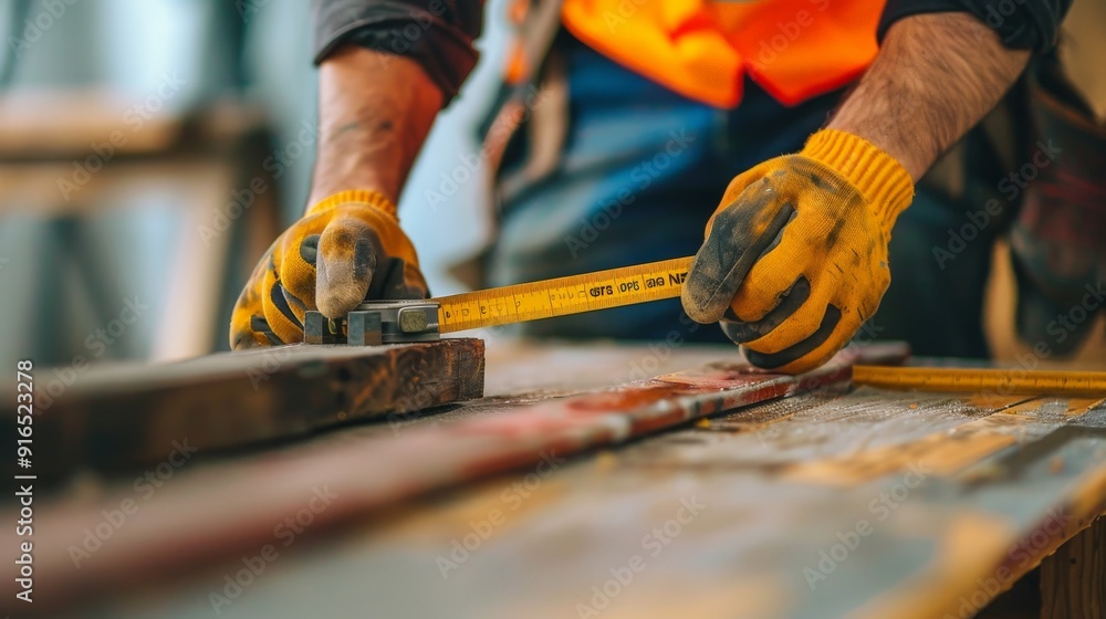 A construction worker using a tape measure to ensure accurate ...