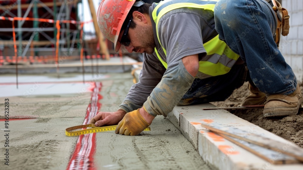 A construction worker using a tape measure to ensure accurate ...