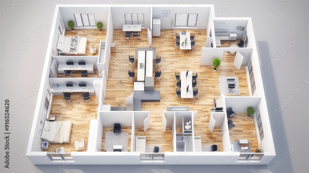 A detailed 3D scene of a business office floor with cubicles, meeting ...