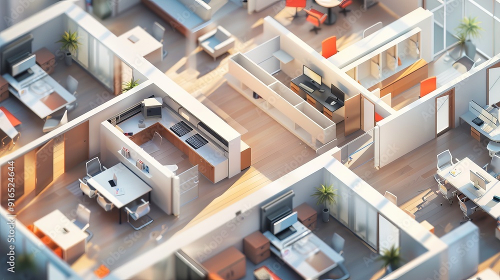 A detailed 3D scene of a business office floor with cubicles, meeting ...