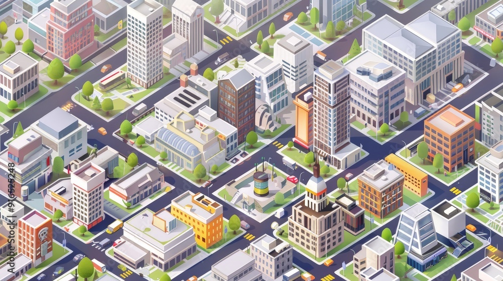A detailed isometric city map highlighting key landmarks ...