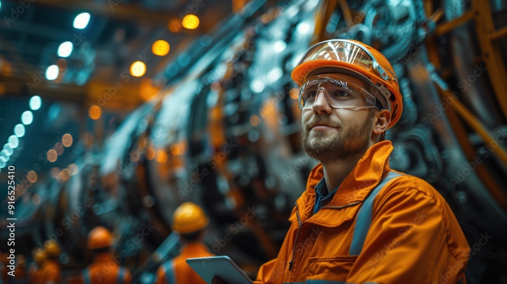 Engineer Inspecting Jet Engine Components. Engineer with a tablet ...