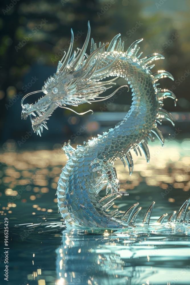 A dragon made of crystal rises from a glistening lake, its entire form ...