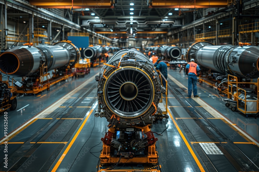 Jet Engine in Assembly Line at Factory. Jet engine on an assembly line ...