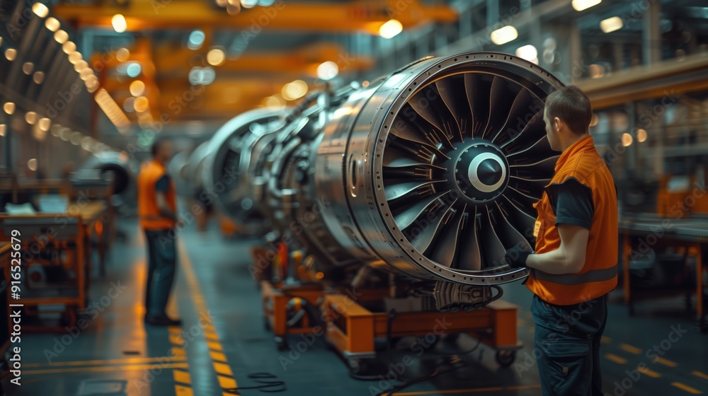 Engineer Inspecting Jet Engine on Assembly Line. Engineer inspects a ...