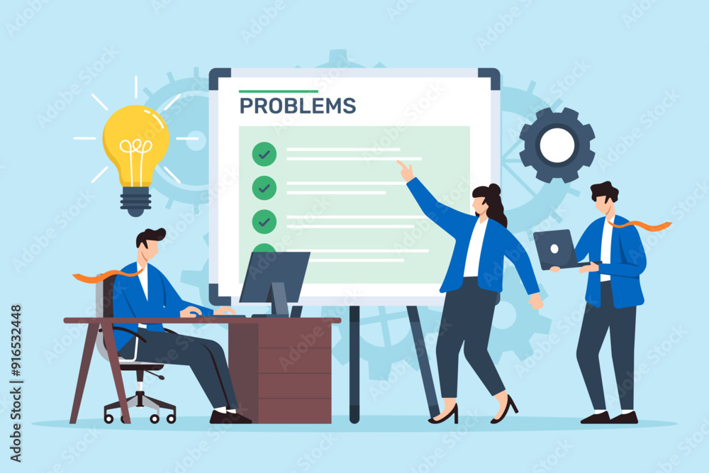 Flat illustration of coworkers identifying list of problems and ...