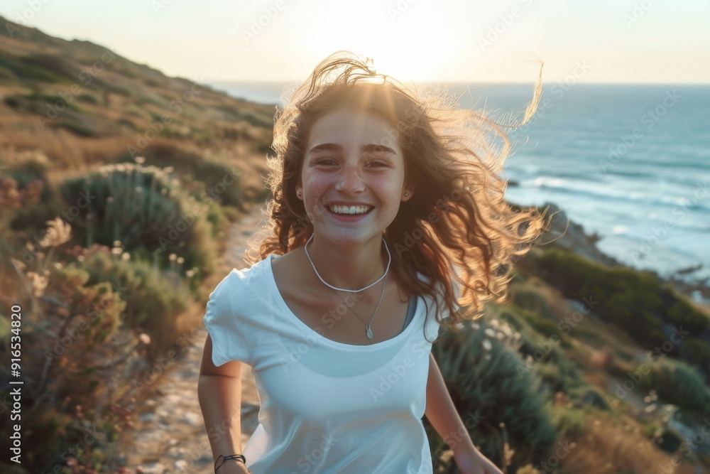 Dressed casually white teen girl makes most of her morning jog. Clear ...