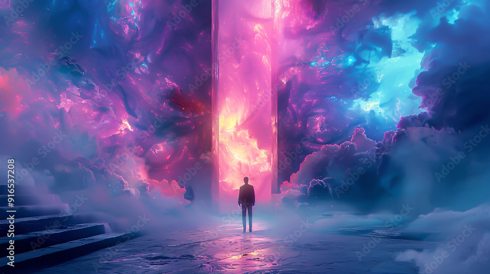 Futuristic business scene with colorful magical elements, front view ...