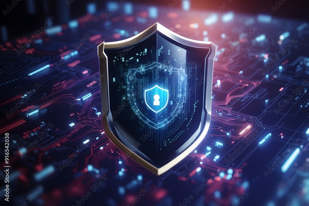 Hi-tech Shield of cyber security. Digital data network protection. High-speed connection data ...