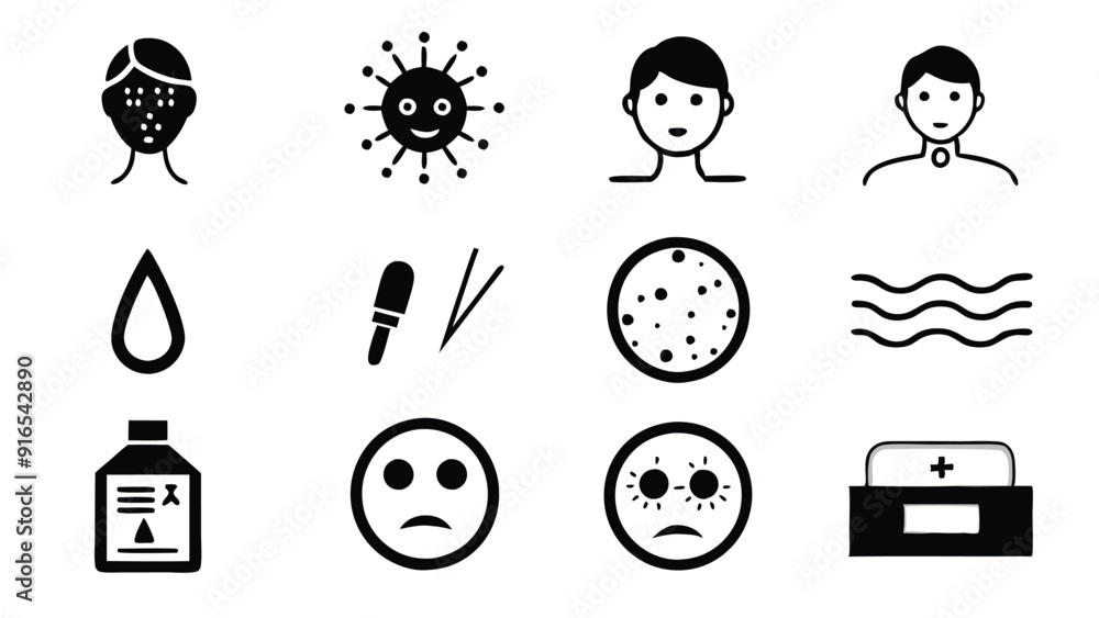 Set of 12 black and white web line icons representing dermatology ...