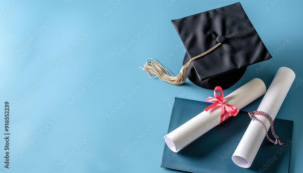 In the picture, you can see a graduation cap and diplomas placed on a ...