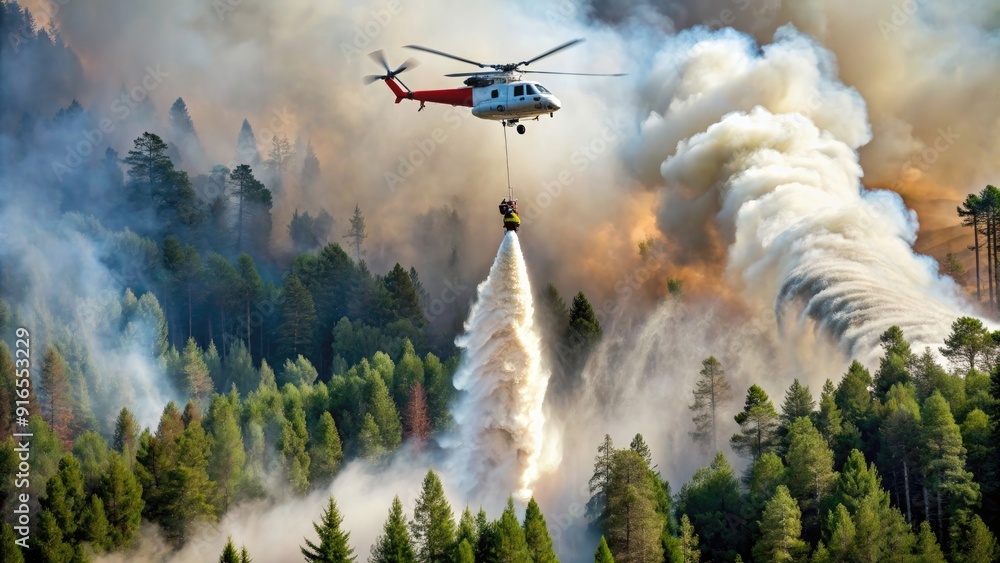 Firefighting helicopter dropping water on a forest fire, firefighting ...