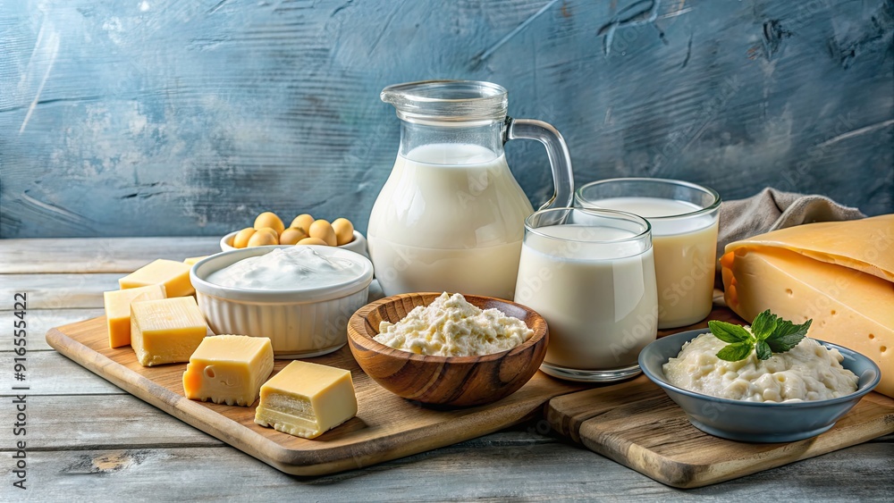 Assorted dairy products including milk, cheese, yogurt, and butter ...