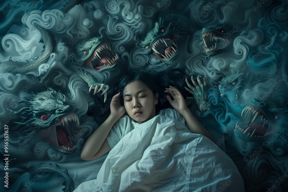 Darkness overflows nightmare creatures above sleeping woman. Sleep ...