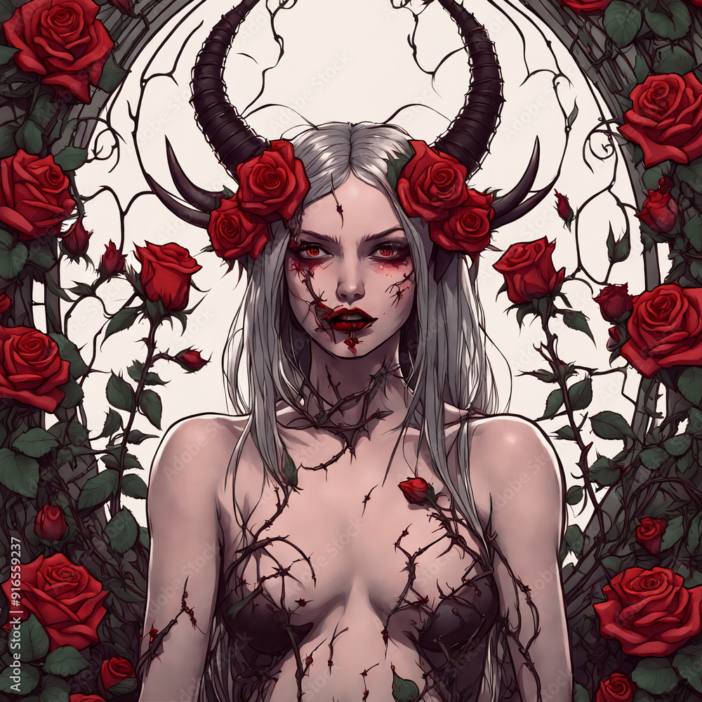 Beautifully illustrated depiction of a Rose and Thorn Devil framed with green leaves and red ...