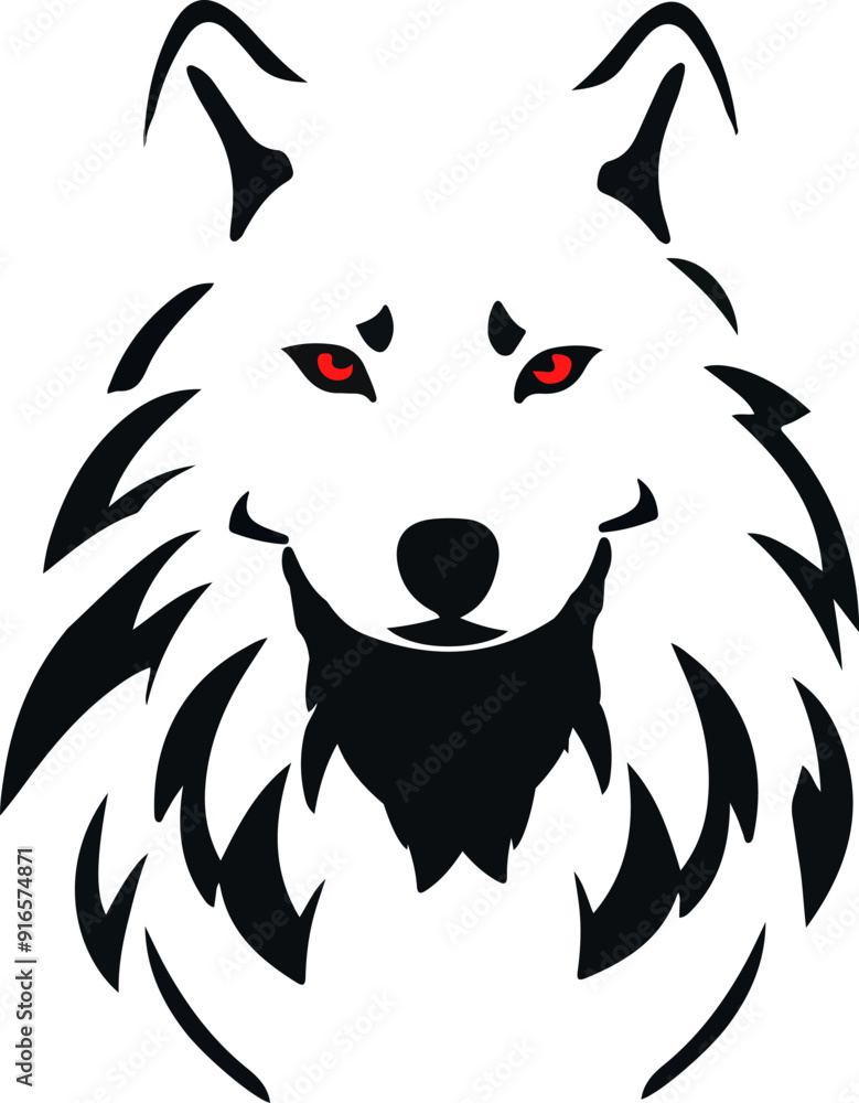 Striking wolf head illustration featuring red eyes and a bold ...