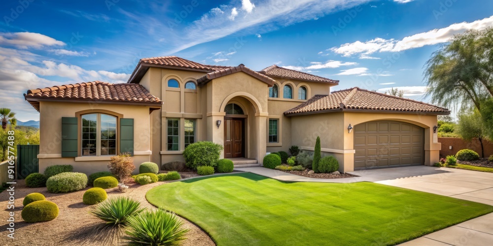 A modern suburban home with a desert-inspired exterior, featuring a ...