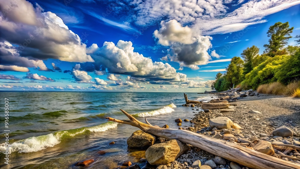 Rugged shoreline of Lake Erie features weathered rocks, pebbles, and ...