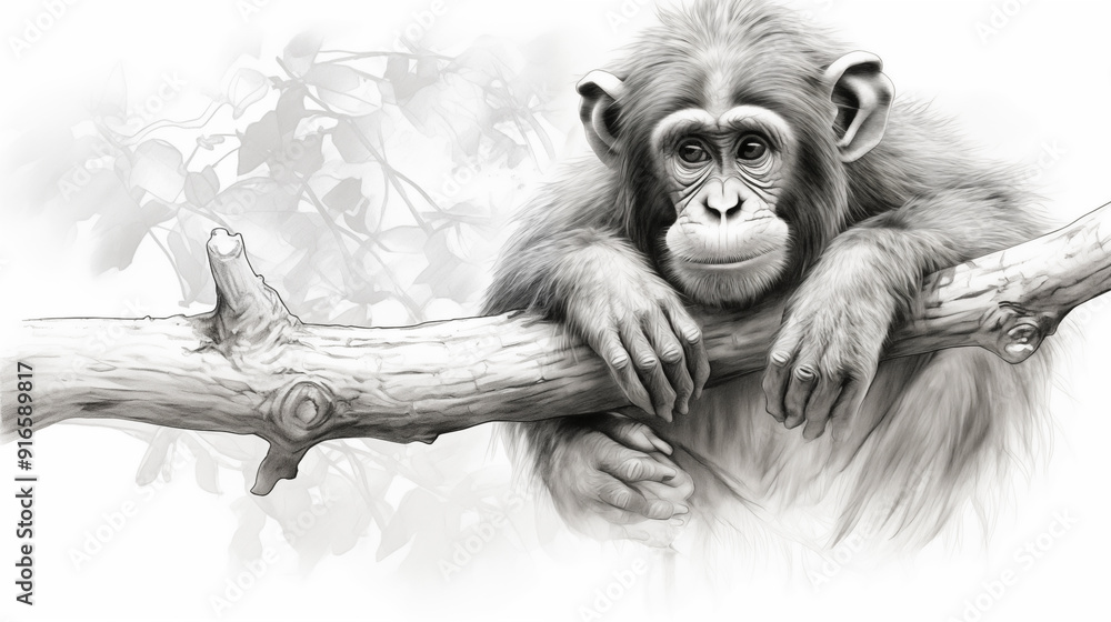 chimpanzee drawing, monkey pencil drawing vintage. Stock Illustration ...