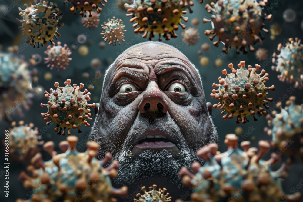 Depiction of man scared face intense eyes he senses bird. Frightened ...