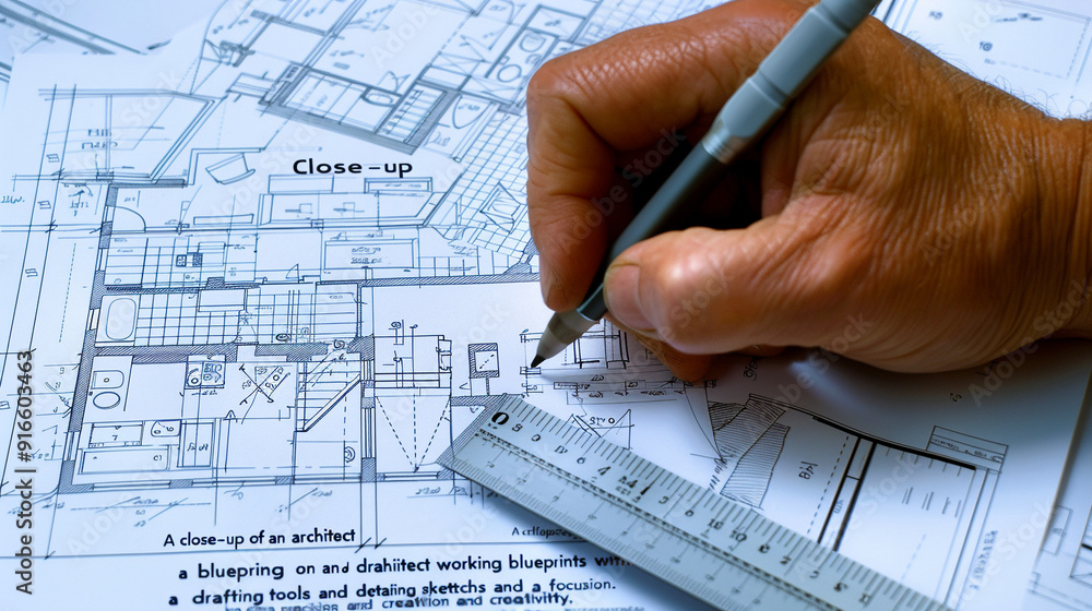 A close-up of an architect working on blueprints, with drafting tools ...