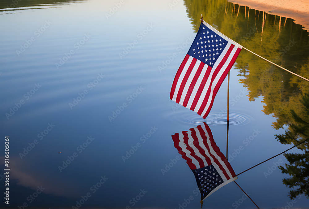 american flag reflected calm river blue red currents merging together ...