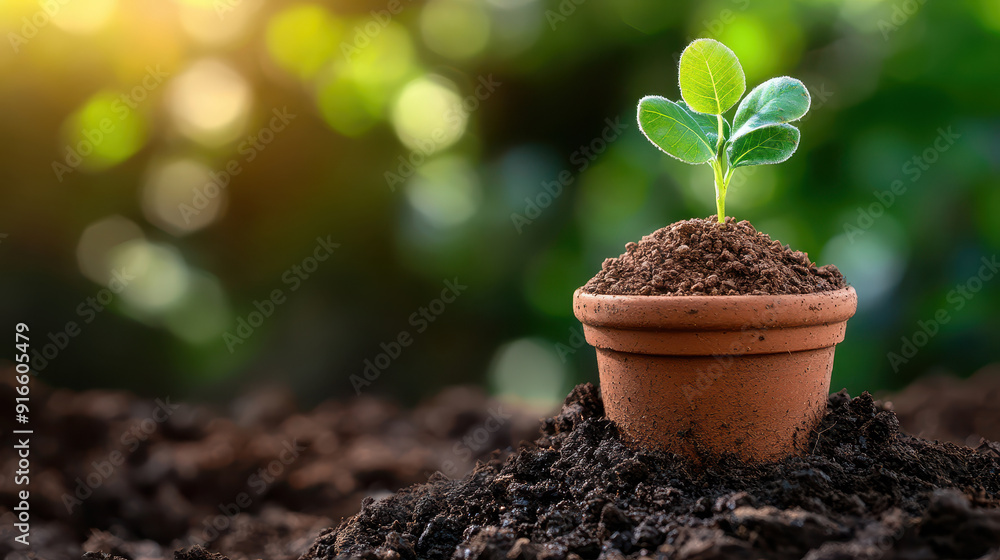 A young plant emerges from soil in a pot, symbolizing growth, potential ...