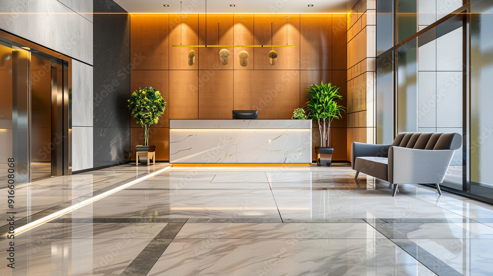 A modern office lobby with stylish furniture, a friendly receptionist ...