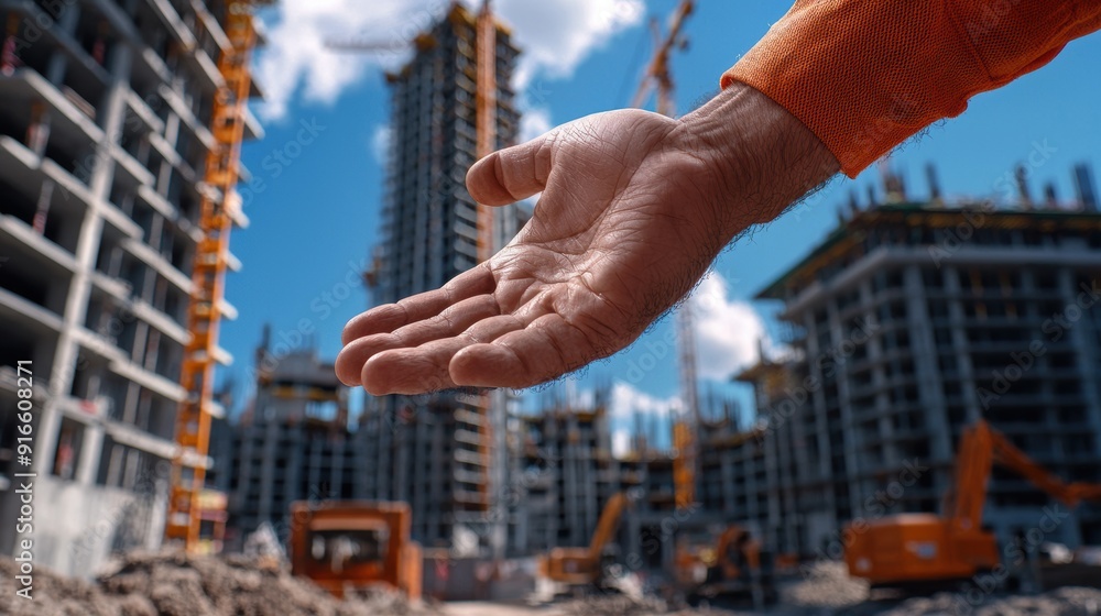 Construction Worker Hand Gesturing at Site A construction worker's hand ...