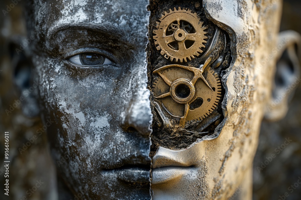 Conceptual portrait of a face split in half, one side showing ...
