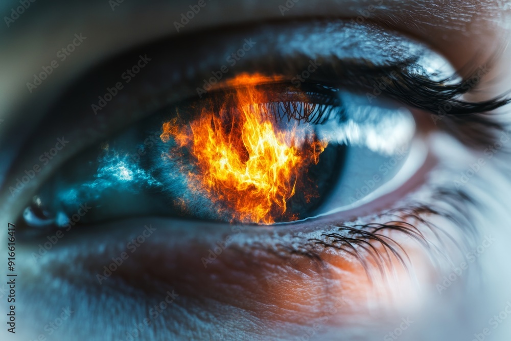Close-up of a human eye with flames reflected in one side and water in ...