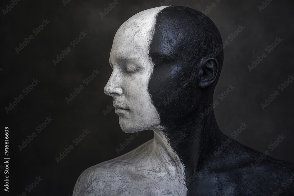 Conceptual portrait of a figure with one side in shadow and the other ...