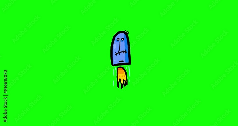 Cartoon crazy doodle monster rocket green screen. Seamless loop with ...
