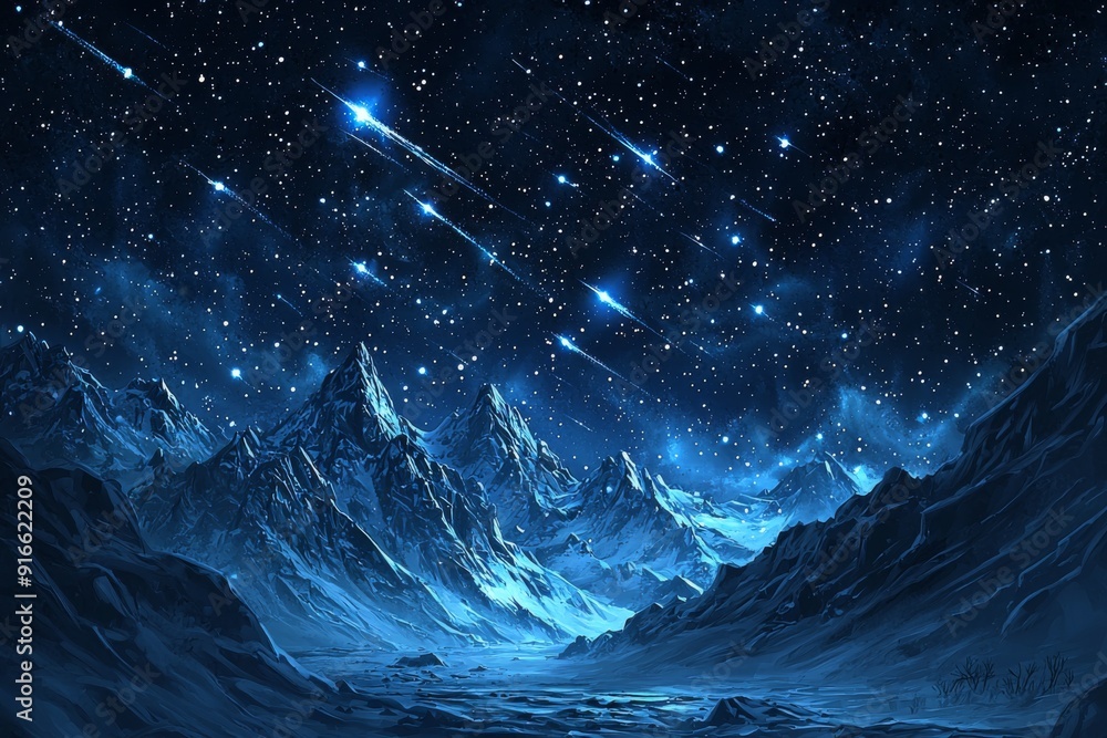 Meteorite rain streaking across a midnight sky full of twinkling stars ...