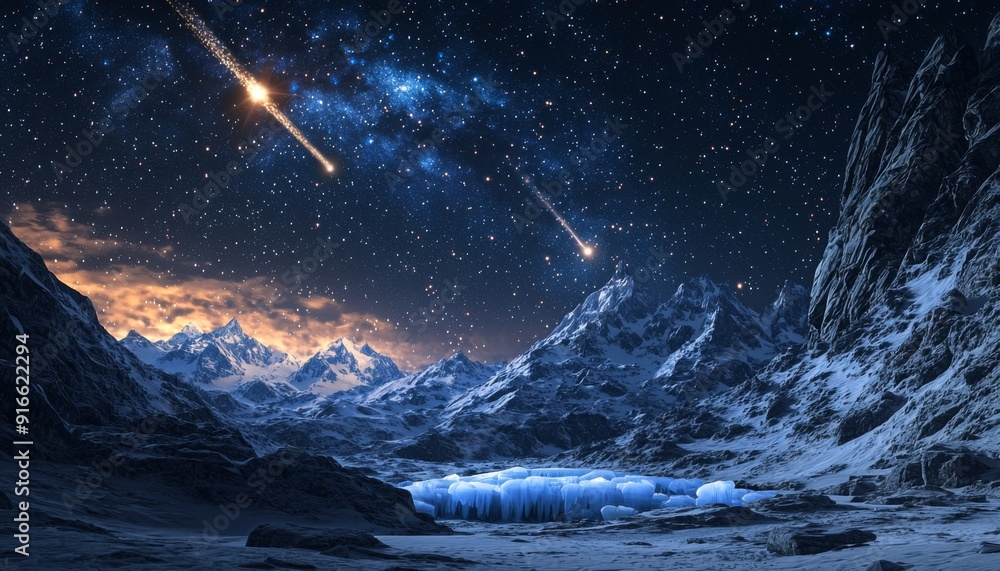 Meteorite rain streaking across a midnight sky full of twinkling stars ...