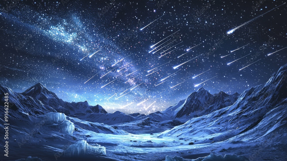 Meteorite rain streaking across a midnight sky full of twinkling stars ...