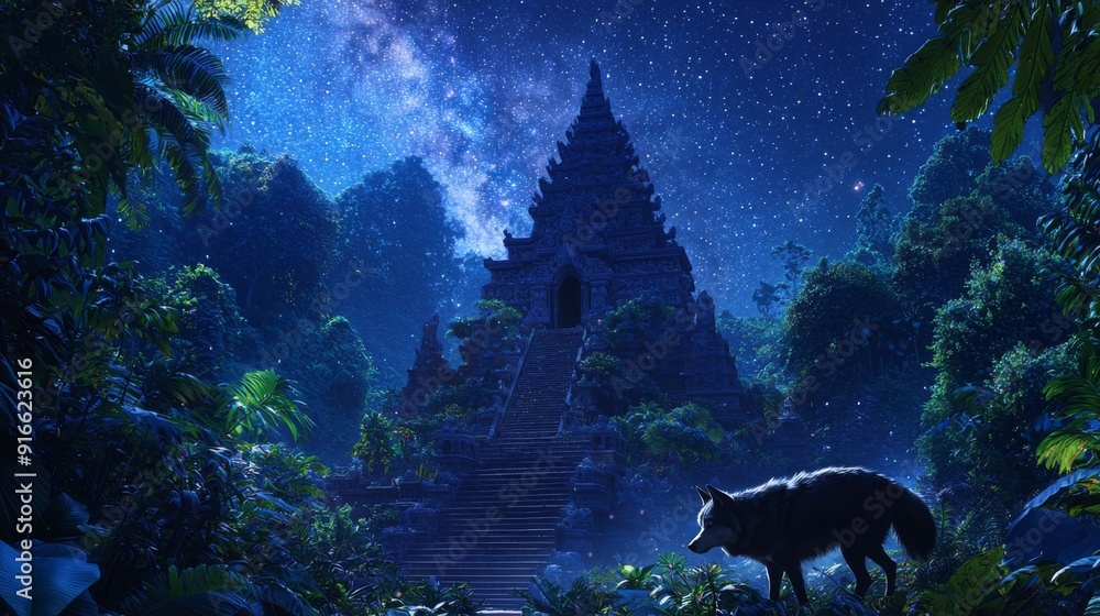 Sacred shrine in the heart of the jungle, stone steps leading upward ...