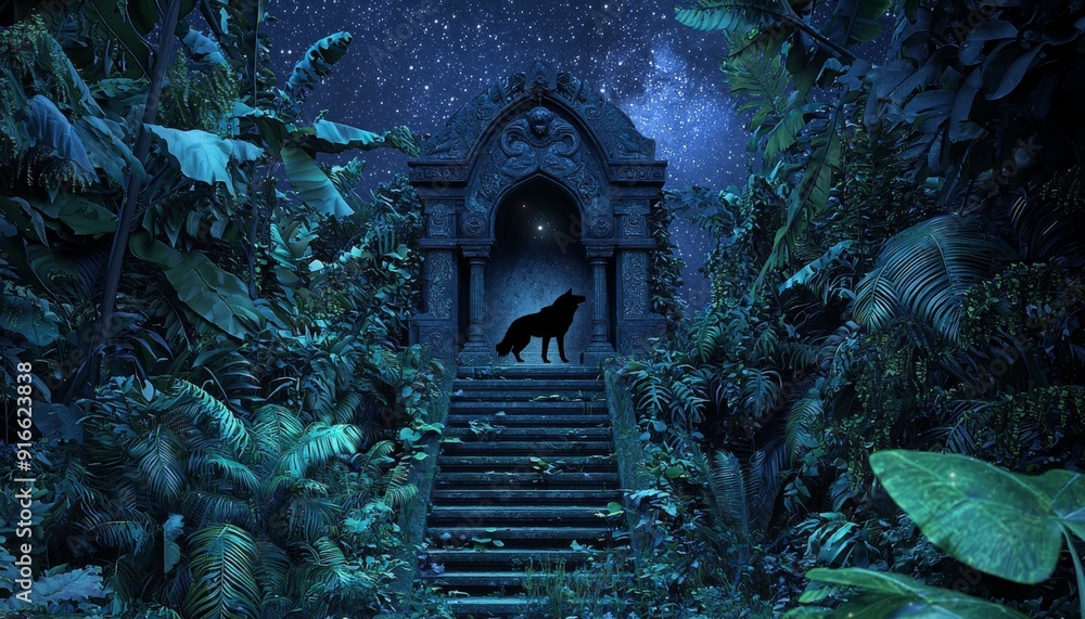 Sacred shrine in the heart of the jungle, stone steps leading upward ...