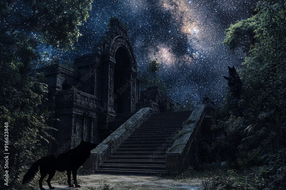 Sacred shrine in the heart of the jungle, stone steps leading upward ...