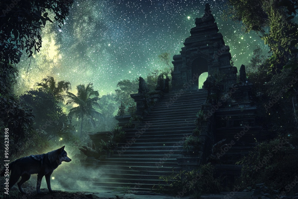 Sacred shrine in the heart of the jungle, stone steps leading upward ...