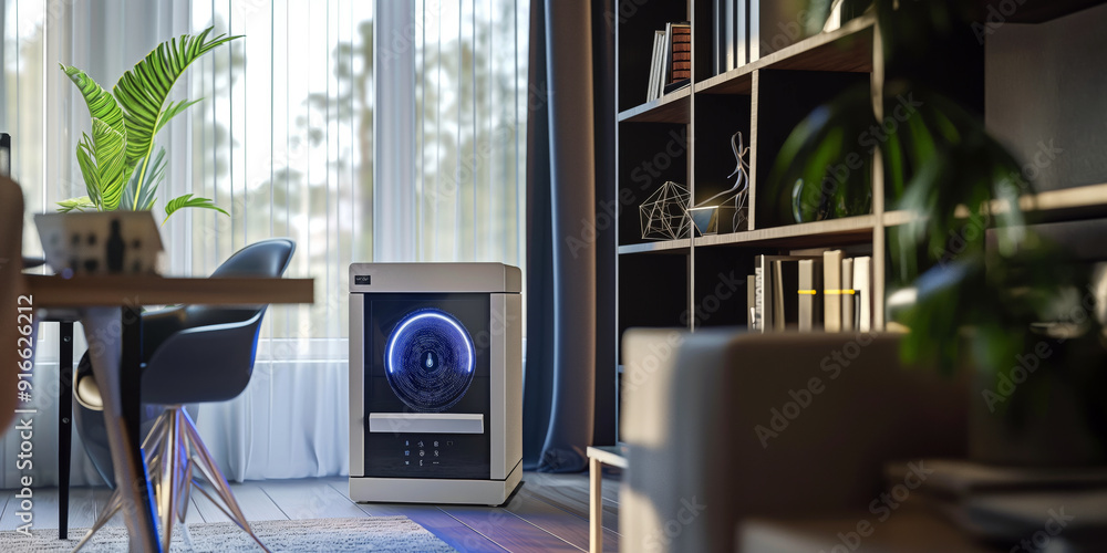 High-tech biometric safe that unlocks with a fingerprint scan, set in a ...