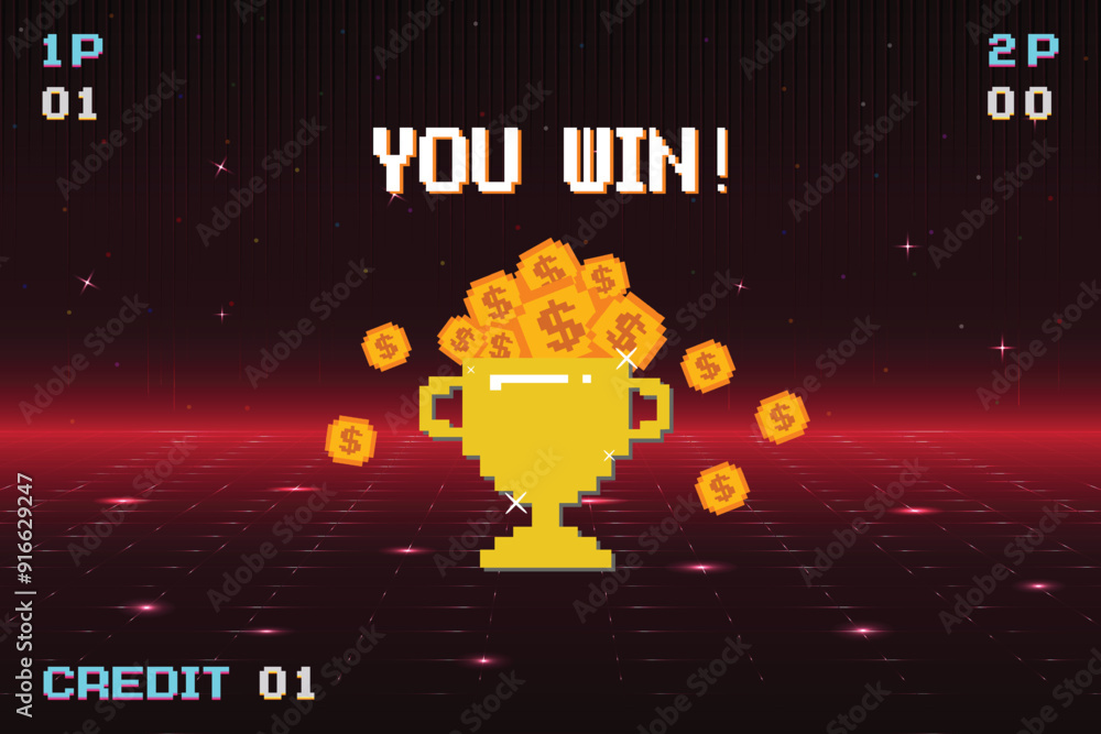 8-bit pixel art with text "You Win" and a big golden cup and gold coin ...