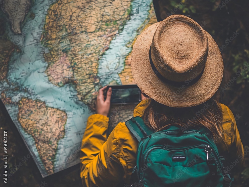 Young adventurer uses her smartphone to navigate in the forest while ...