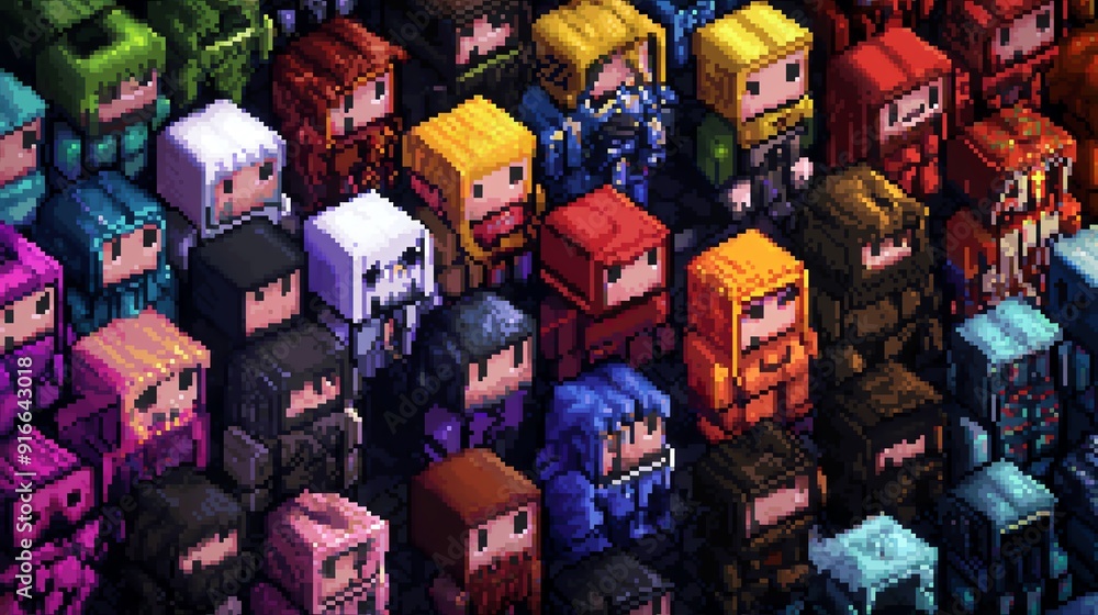 Detailed pixel art character sprites forming a mosaic pattern Stock ...