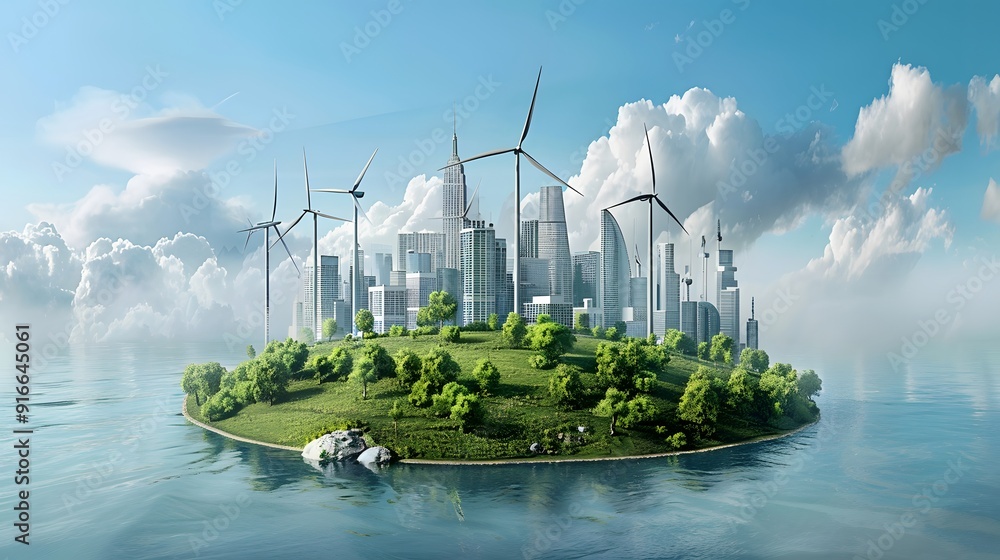 A cityscape transitioning from a carbon-heavy environment to a green ...