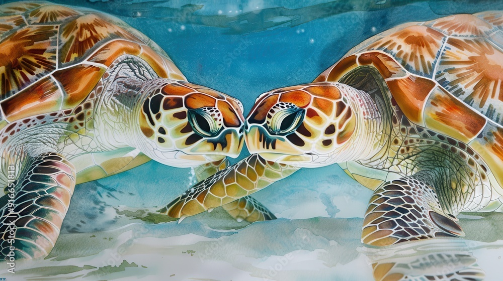Close-up of two sea turtles gently touching noses underwater, capturing ...