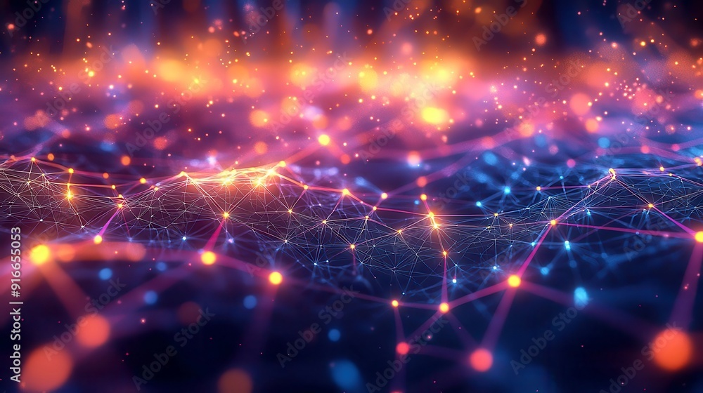 Abstract technology landscape, interconnected particles forming a cyber ...