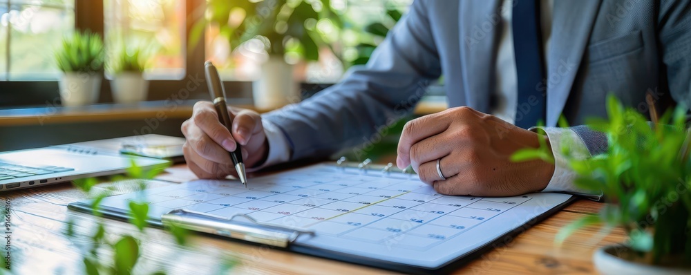 Business professional writing in calendar planner at modern office desk ...