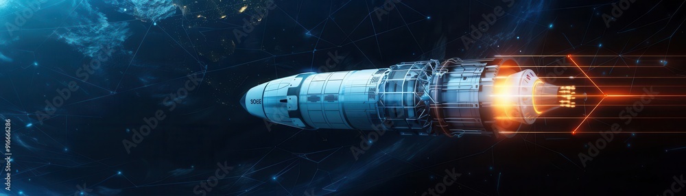 Blueprint of a modular spacecraft with interchangeable parts, glowing ...