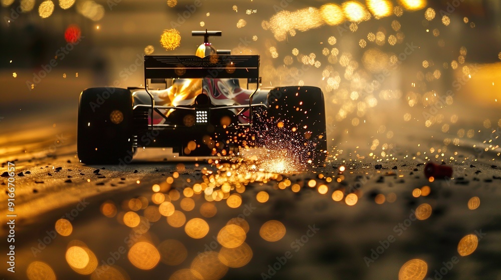 F1 car leaving a trail of sparks as it bottoms out on a bumpy section ...